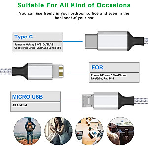 Multi 3 in 1 USB Long iPhone Charging Cable, 1.8M/5.9Ft Nylon Braided Universal Phone Charger Cord USB C/Micro USB/Lightning Connector Adapter for Android/Apple/Samsung/LG/Pixel/Huawei/XiaoMi(Gray)