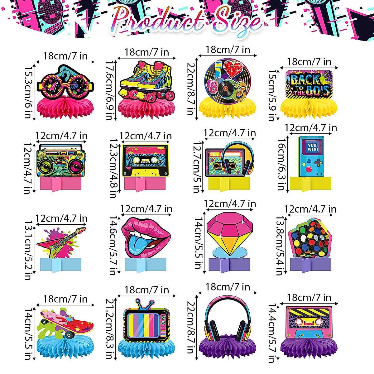 Pasimy 16 Pcs 80s Themed Honeycomb Centerpieces, 1980's Hip Hop Party Favors Retro Birthday party Table Toppers Centerpiece Photo Booth Props Decorations for Nostalgic Party Rock Hippie Party Supplies