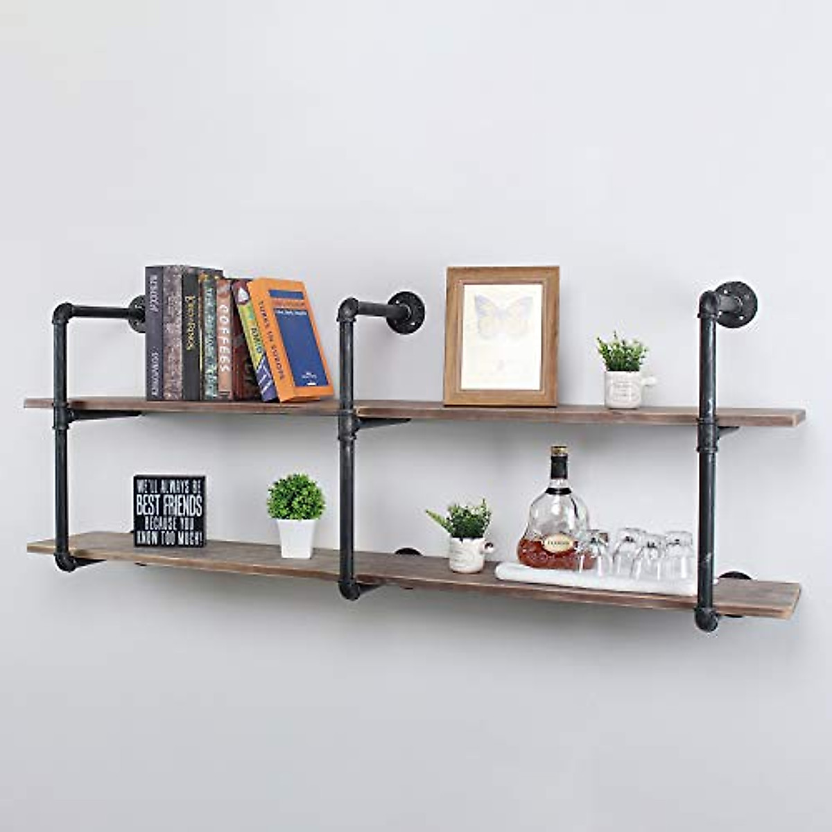 Industrial Pipe Floating Shelves,2 Tiers Wall Mount Bookshelf,63in Rustic Wall Shelves,DIY Storage Shelving Wall Shelf,Rustic Wall Shelving Unit,Wall Book Shelf for Home Organizer,Black Brushed Silver