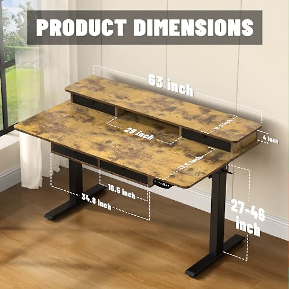 ExaDesk Electric Standing Desk, 63 * 30 Inches Adjustable Height with 4 Drawers, Double Storage Shelves Stand Up Desk, Home Office Workstation Sit Stand up Desk (Rustic Brown)