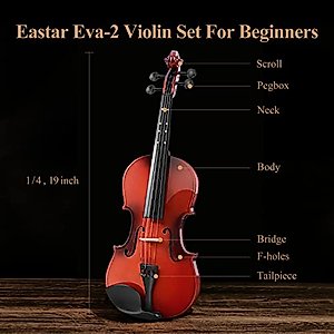 Eastar 1/4 Violin Set for Beginners, Fiddle Quarter Size with Hard Case, Rosin, Shoulder Rest, Bow, and Extra Strings (Imprinted Finger Guide on Fingerboard)， EVA-2