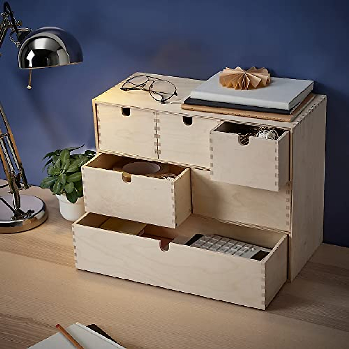 MOPPE Mini Storage Chest, Birch Plywood, 16 ½x7x12 5/8'' Home Office Wooden Desk Storage Organizer Box with 6 Drawers,Brown,Mini Chest