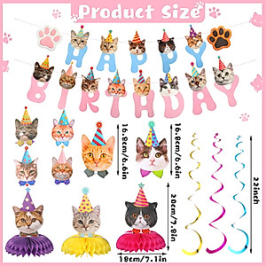 16 Pcs Cat Theme Birthday Party Decorations Party Supplies Kit, Includes Cat Party Banner with 6 Cat Hanging Cutouts 6 Hanging Swirl Decor and 3 Birthday Honeycomb for Kids Girls (Cute Style)