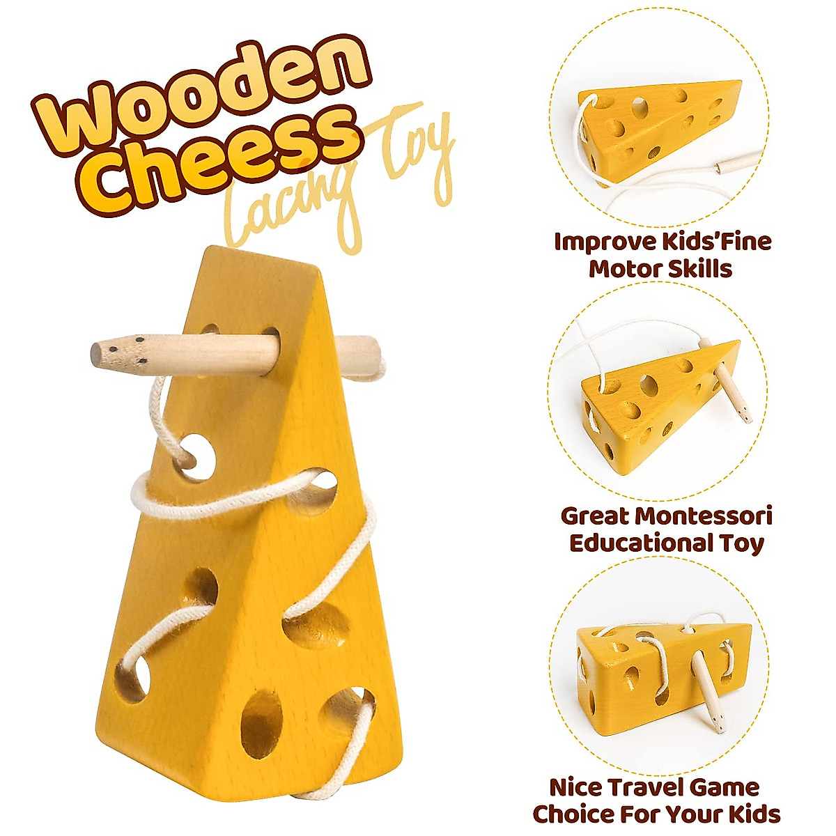 USATDD Wooden Lacing Cheese Fine Motor Skills Threading Toys, Airplane Car Travel Game Montessori Cognition Preschool Puzzle Gift for 3+ Years Old Toddlers Baby Kids