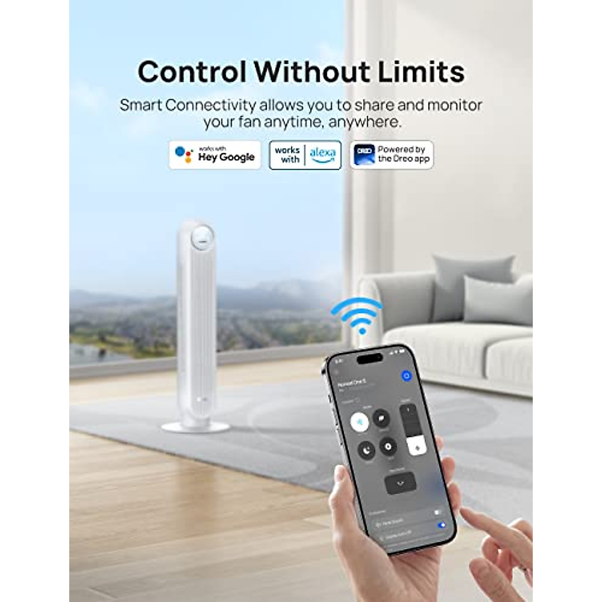 Dreo Tower Fan with Remote, Smart Oscillating Quiet Fans for Bedroom, Bladeless Standing Cooling Floor Fan with WiFi Voice Control Blow Cold Air, 4 Modes, 4 Speeds, 8H Timer, Works with Alexa/Google