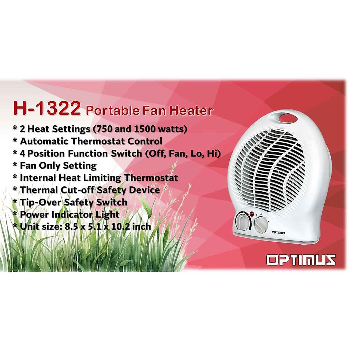 Optimus H-1322 Portable 2-Speed Fan Heater with Thermostat , White