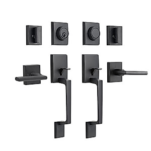 NeuType Double Door Handle Sets with Deadbolt Entry Door Locksets Single Cylinder HandleSet with Straight Handle Lower Half Grip, Black