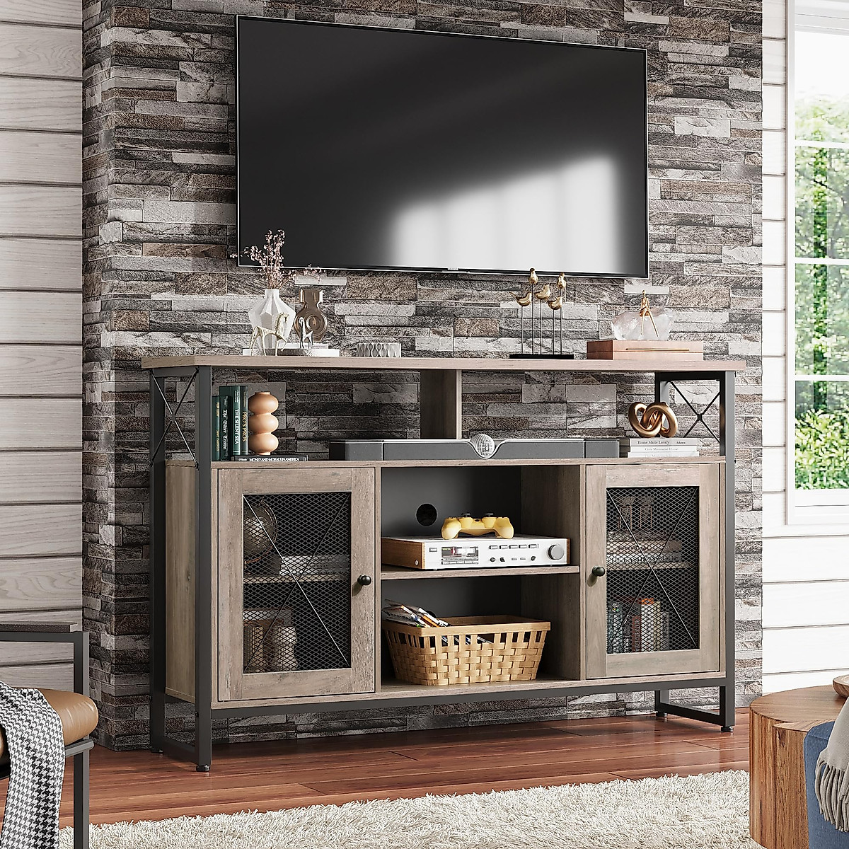 WLIVE TV Stand 55 inch TV, Tall Entertainment Center with Storage, Farmhouse Industrial TV Console for Bedroom Living Room, Greige
