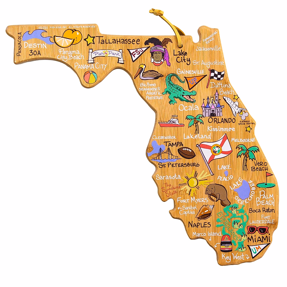 Totally Bamboo Florida State Shaped Cutting Board and Charcuterie Serving Platter with Artwork by Fish Kiss, Includes Hang Tie for Wall Display