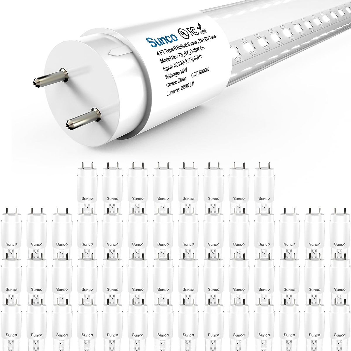 Sunco 50 Pack T8 LED Tubes 4FT Fluorescent Replacement, 48 Inch, 18W, 2200LM, 5000K Daylight, Single Ended Power, Clear Lens UL