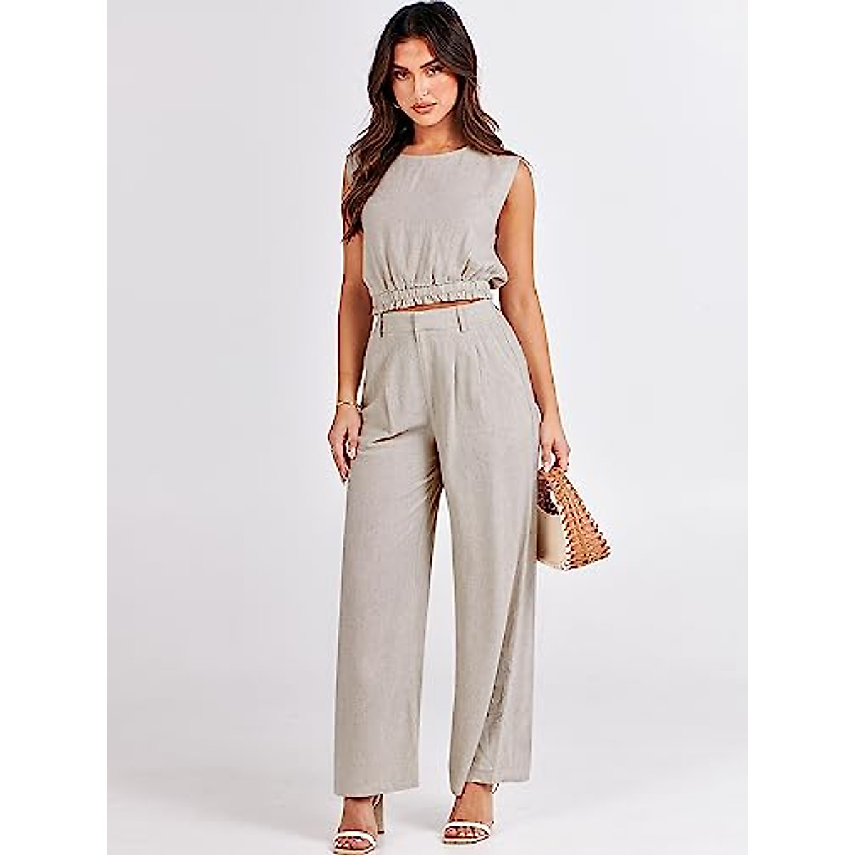 ANRABESS 2 Piece Outfits for Women Summer Vacation Beach Sleeveless Linen Crop Tank Top Casual Matching Lounge Sets Comfy Tracksuits Long Pants Jumpsuits 2023 Fashion Clothes A1102maxing-L
