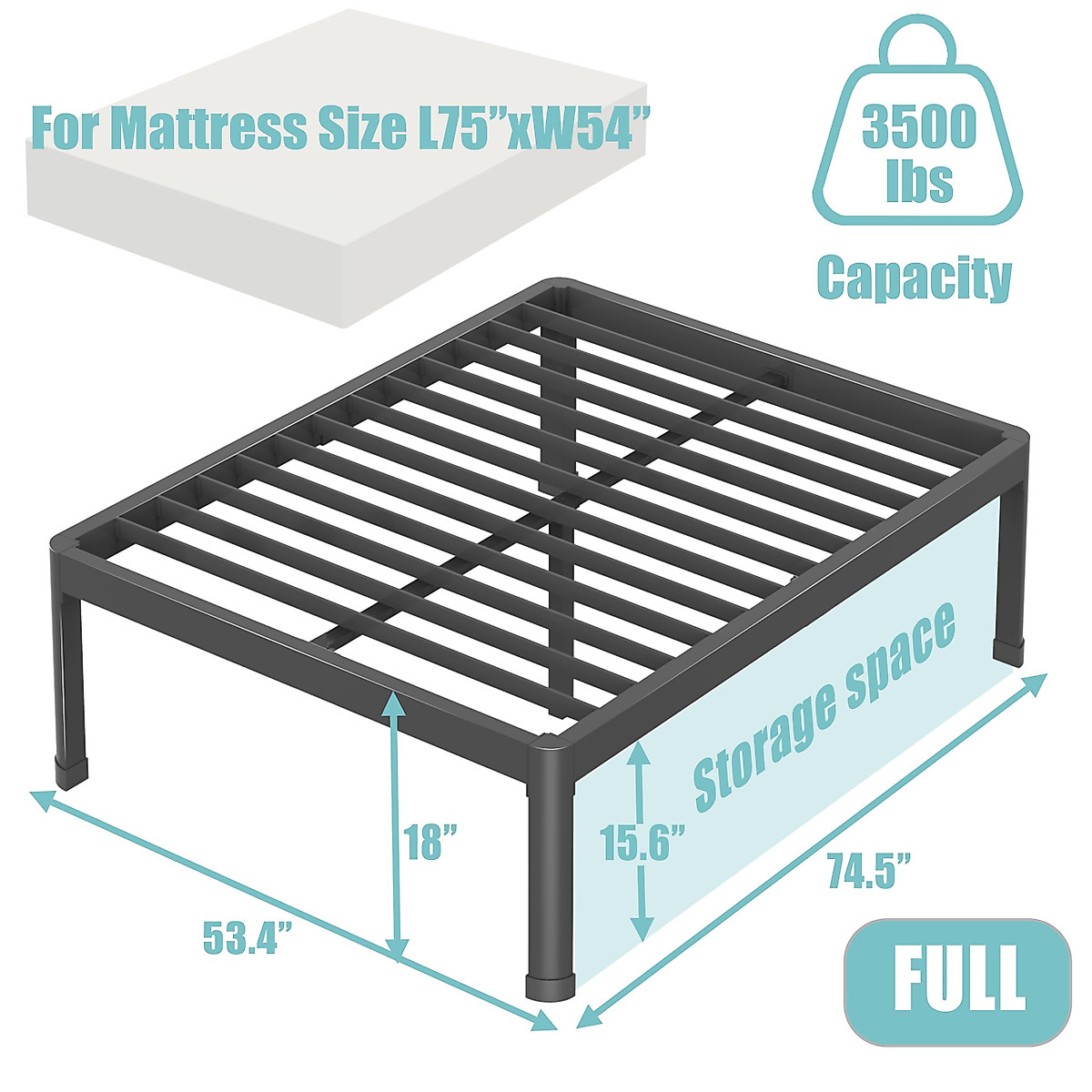 Yitong Angel Full Bed Frame with Round Corner Edge Legs, 18 Inch Heavy Duty Support 3500 lbs Metal Platform Bed Frame Full Size, No Box Spring Needed/Noise Free/Non-Slip/Steel Slat Support