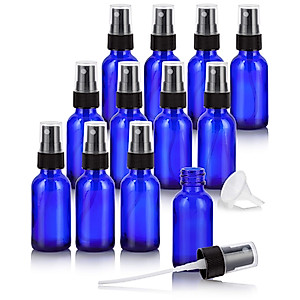 JUVITUS 1 oz Cobalt Blue Glass Boston Round Bottle with Black Fine Mist Spray (12 Pack) + Funnel