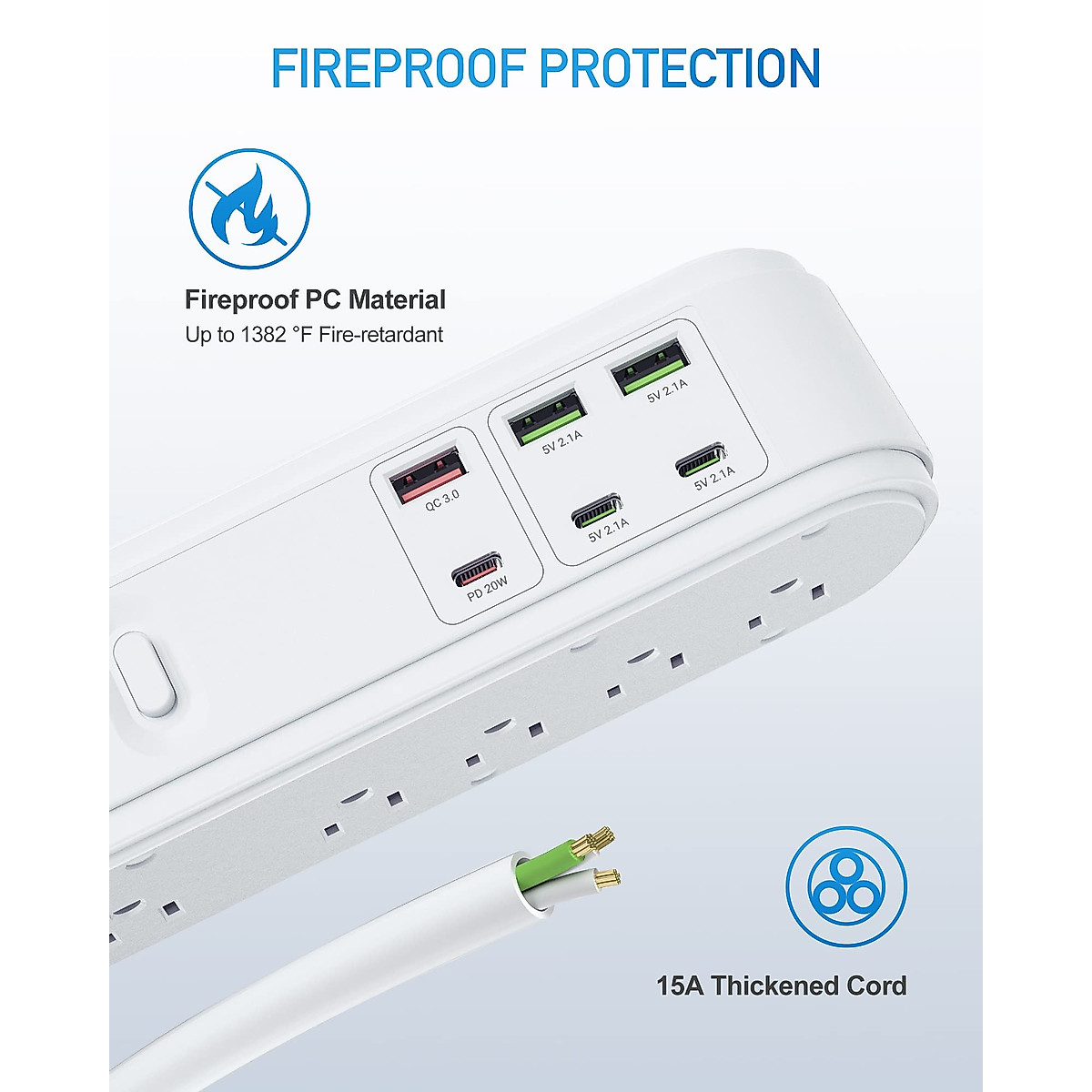 PD 20W Surge Protector, 10 Outlets and 3 USB C&3 USB A Ports, 6ft Extension Cord, Overload Protection, Desktop High-Speed Charging Station Power Bar for iPhone 14, 1875W/15A, 4500J