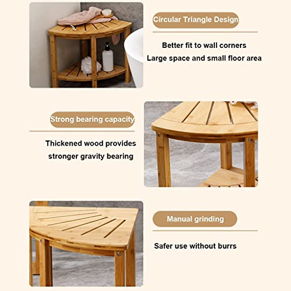ZIKWOR Bamboo Corner Shower Stool for Shaving Legs Foot Rest, Waterproof Bath Bench Seat with Storage Shelf and Soap Dish for Bathroom Inside Shower,2-Tier Wooden Bathroom Shower Stool