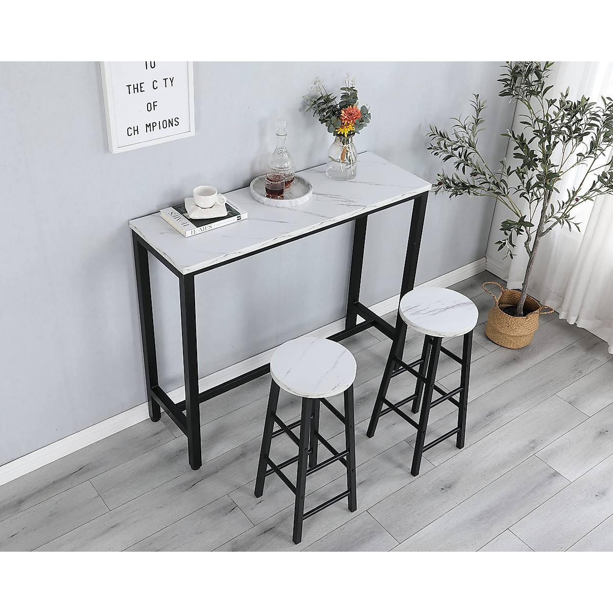 DiMorture Bar Table and Chairs Set Modern Counter Height Pub Table with 2 Stools, 3 Piece Marble Pattern Top & Metal Frame Bar Table Set Dining Table Set Home Kitchen Breakfast Table, White
