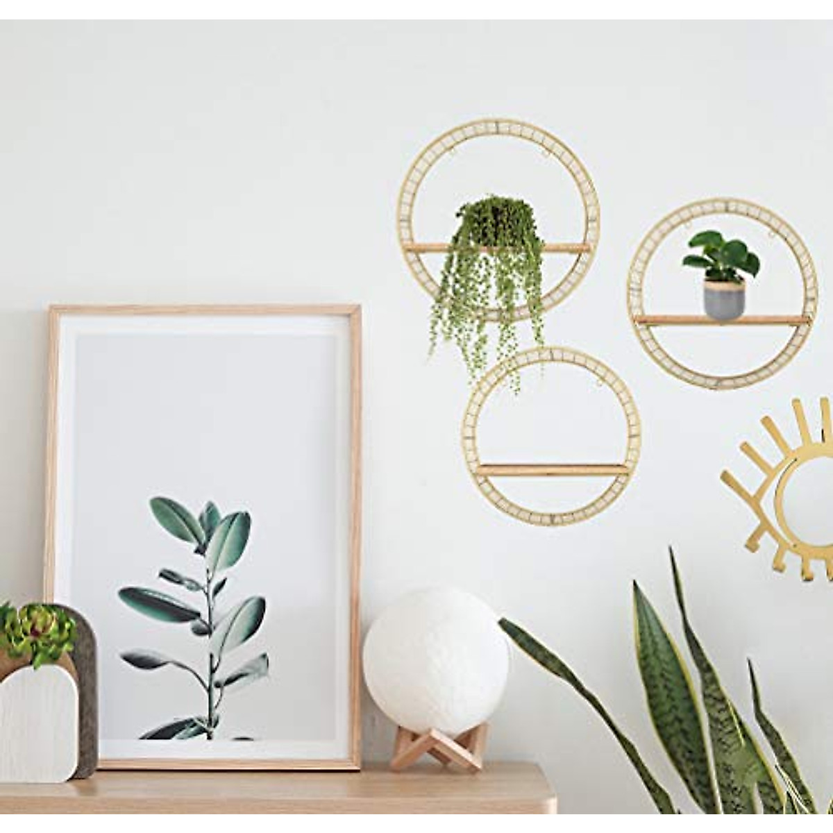 kimisty Set of 3 Gold Round Floating Shelves, Circular Wall Shelves as Boho Bathroom, Living Room, Kitchen & Bedroom Decor, Metal Wire Mesh Sconce Shelf, Circle Accent Display