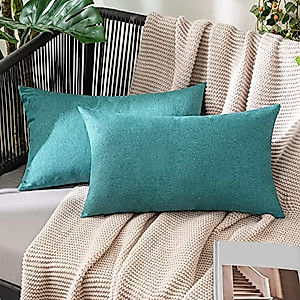MIULEE Pack of 2 Decorative Outdoor Solid Waterproof Throw Pillow Covers Polyester Linen Garden Farmhouse Cushion Cases for Patio Tent Balcony Couch Sofa 12x20 inch Turquoise