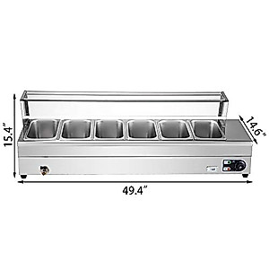 VEVOR 110V Bain Marie Food Warmer 6 Pan x 1/3 GN, Food Grade Stainelss Steel Commercial Food Steam Table 6-Inch Deep, 1500W Electric Countertop Food Warmer 42 Quart with Tempered Glass Shield