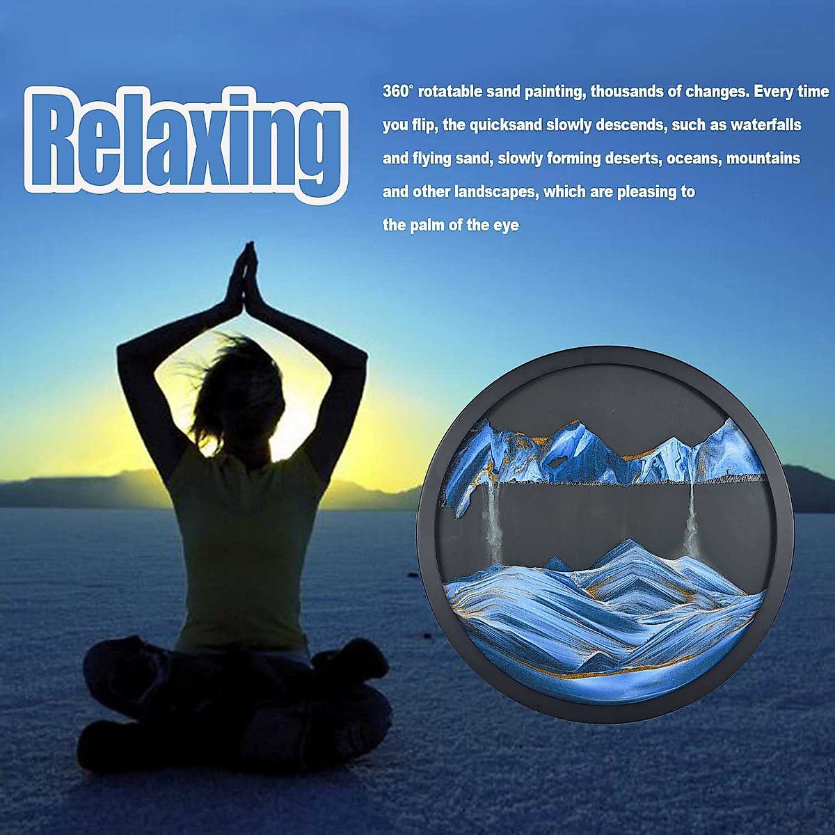 ETULLE Moving Sand Art Picture, 360° Rotating Wall Art Mounted Glass Crafts, Round Glass 3D Deep Sea Sandscape in Motion Display Flowing Sand Gift for Home Office Wall Art Decor