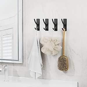 6-Pack Self Adhesive Towel Hooks for Hanging: Heavy Duty Stainless Wall Hook for Coat, Backpack, Hat, Sturdy Metal Hanger for Bathroom, Bedroom, Door, Matt Black