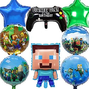 8 PCS Pixel Theme Foil Balloons, Large Pixel Miner Birthday Party Balloons Decorations Video Game Style Balloons Star Shape Foil Balloons for Kids Boys and Girls