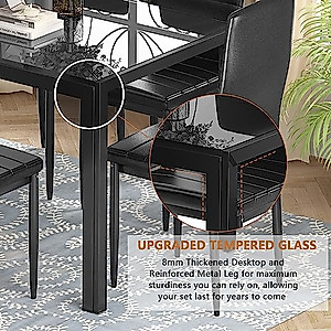 Recaceik Glass Dining Table Sets for 6, 7 Piece Kitchen Table and Chairs Set for 6 Person, Tempered Glass Table and PU Leather Chairs Modern Dining Room Sets for Small Dinette Apartment