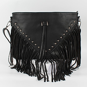 Hoce Women’s Leather Fringe Messenger Bag Hobo Crossbody Tassel Shoulder Bags, Black
