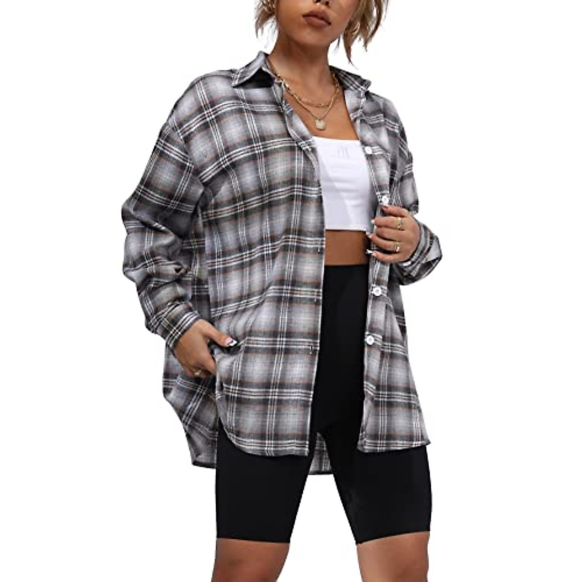 LYANER Women's Long Sleeve Plaid Collar Button Down Boyfriend Shirt Blouse Top Grey 3X-Large