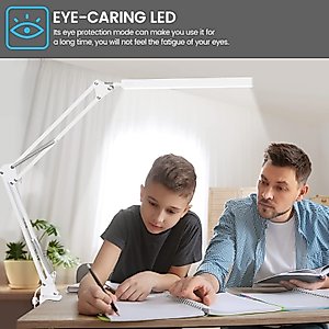 TROPICALTREE LED Desk Lamp, Swing Arm Desk Light with Clamp, 3 Lighting 10 Brightness Eye-Caring Modes, Reading Desk Lamps for Home Office 360°Spin with USB Adapter & Memory Function white-14W