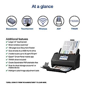 Epson Workforce ES-580W Wireless Color Duplex Desktop Document Scanner for PC and Mac with 100-sheet Auto Document Feeder (ADF) and Intuitive 4.3" Touchscreen
