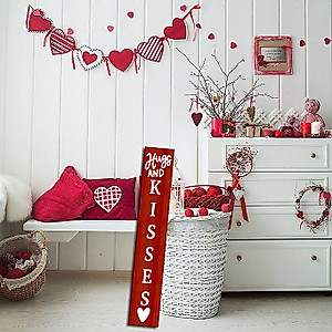 KPSheng 8x48 Inch Hugs And Kisses Porch Sign, Valentine Heart Sign Standing Hanging Porch Decor for Valentine's Day Home Front Door Yard Party Decor