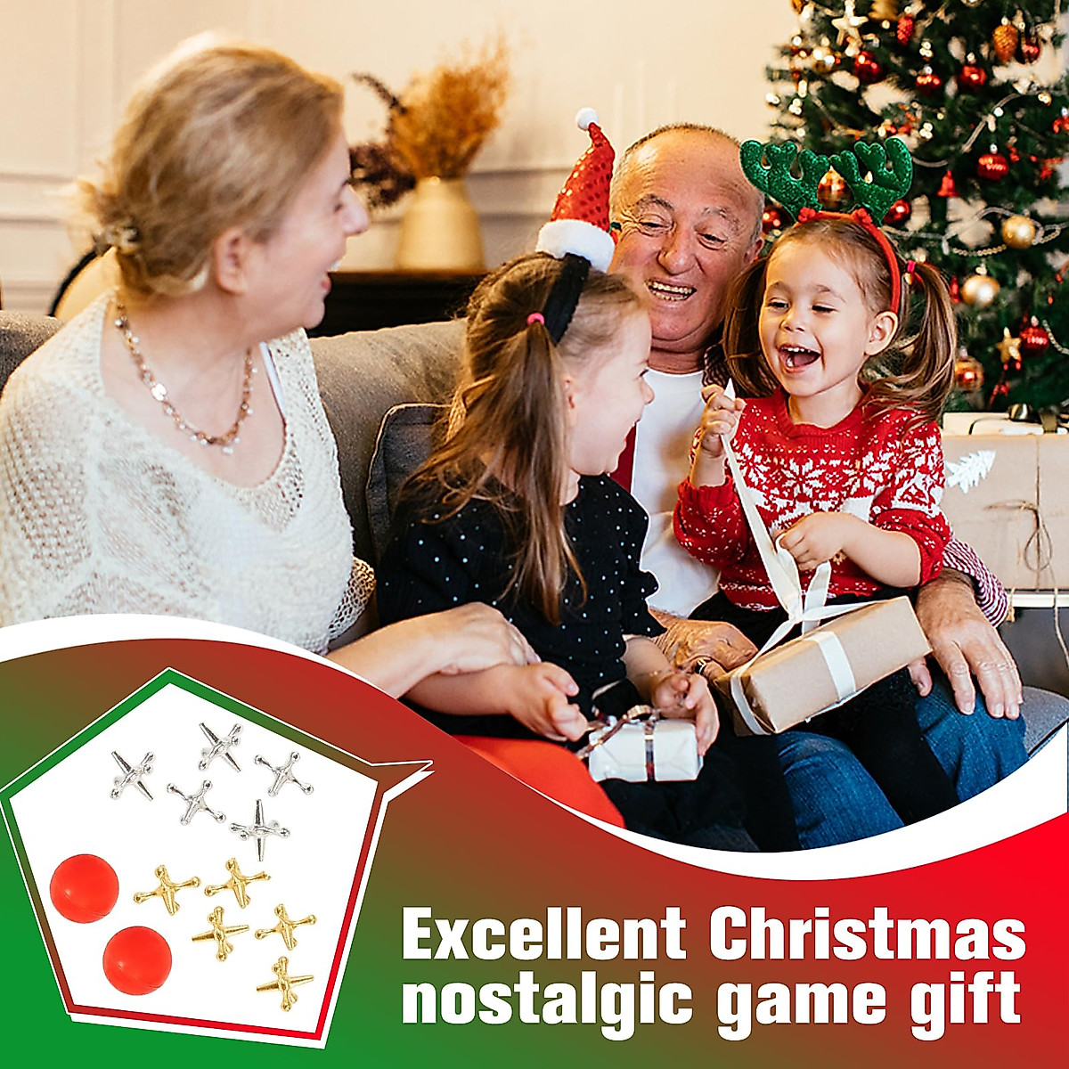 Biubee 5 Sets Retro Metal Jacks and Ball Game- 50 Pcs Gold and Silver Toned Jacks with 5 Red Rubber Bouncy Balls, Classic Game of Jacks for Party Favor, Game Prizes, Kids and Adult of All Ages