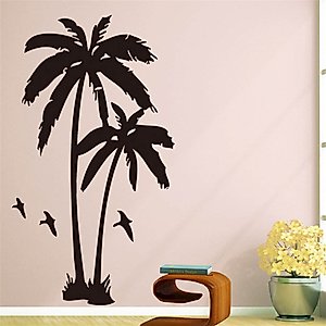 BIBITIME 2 Coconut Trees Wall Decal Black Vinyl Coco Palm Silhouette Birds Sticker for Living Room School Nursery Bedroom Kids Children Rooms Decor Home Art Murals