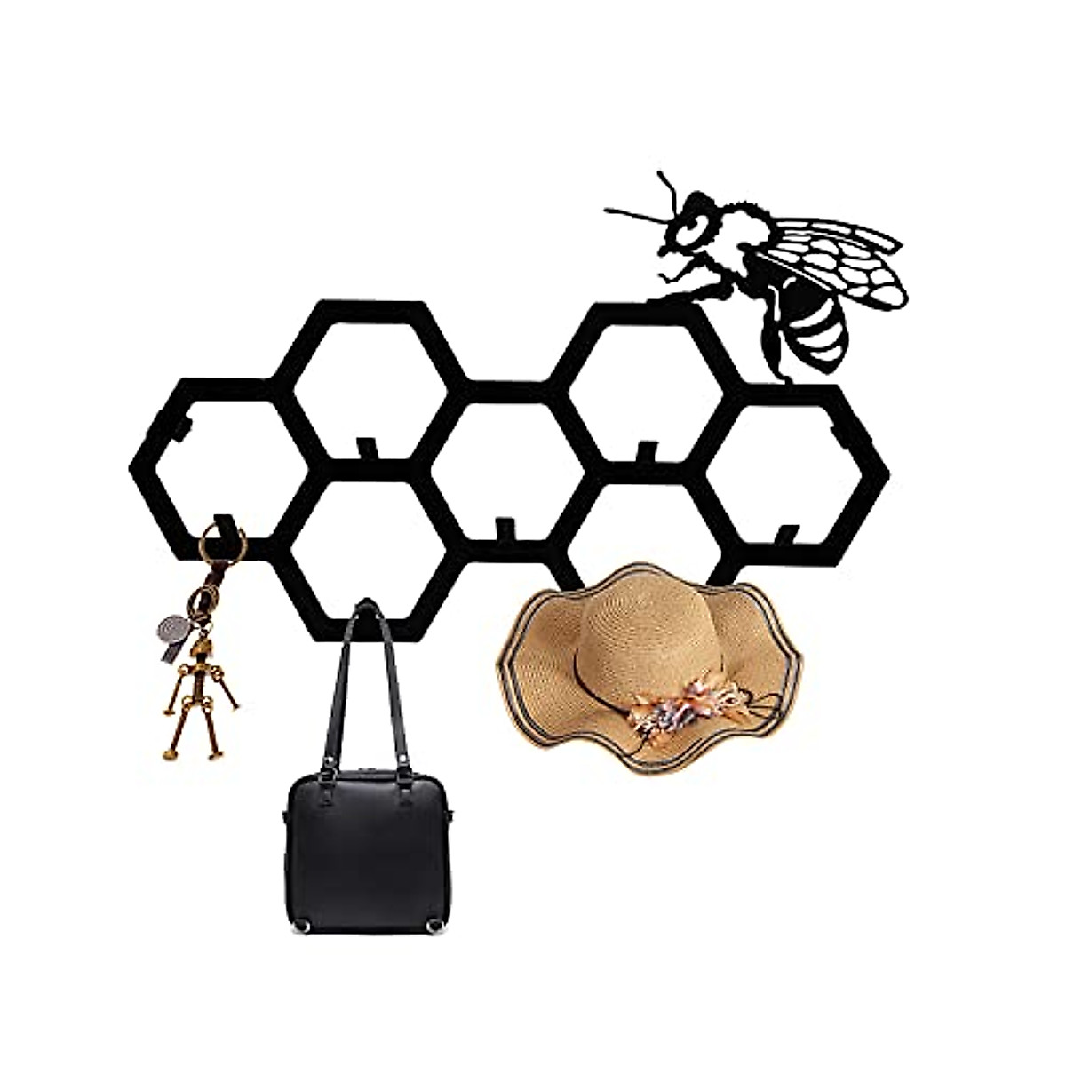 HAO Metal Bee Coat Rack Wall Mounted, Bee with Honeycomb Metal Art Wall Decor, Bee Key Rack Beehive Wall Rack for Entryway Coats Hats Keys Towels