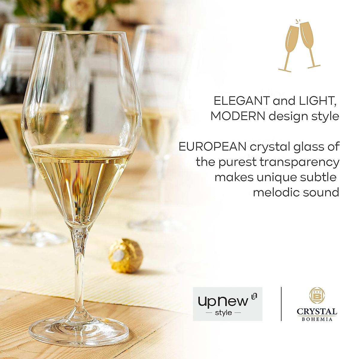 White Wine Glasses Set of 6, 16 oz, Modern Elegant, True Czech Lead-free Durable Crystal Wine Glass