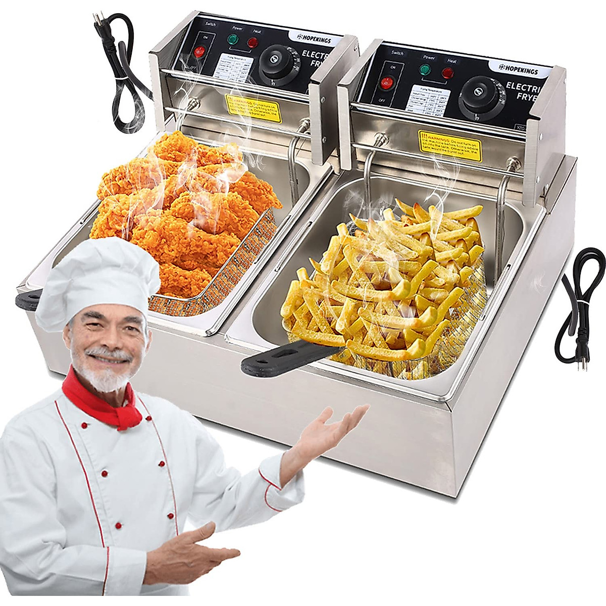 20.7 Qt Professional Deep Fryer with 2 x 6L Baskets, Large Electric Commercial Deep Fryer for Kitchen Restaurant Home Use, Countertop Dual Tank Deep Fryer for Turkey Chicken Fish Oil Less Deep Fryers