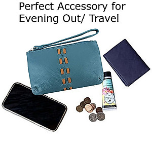 SILVERFEVER Cowhide Leather Wristlet Purse Wallet Whipstitched Detail (Turquoise)