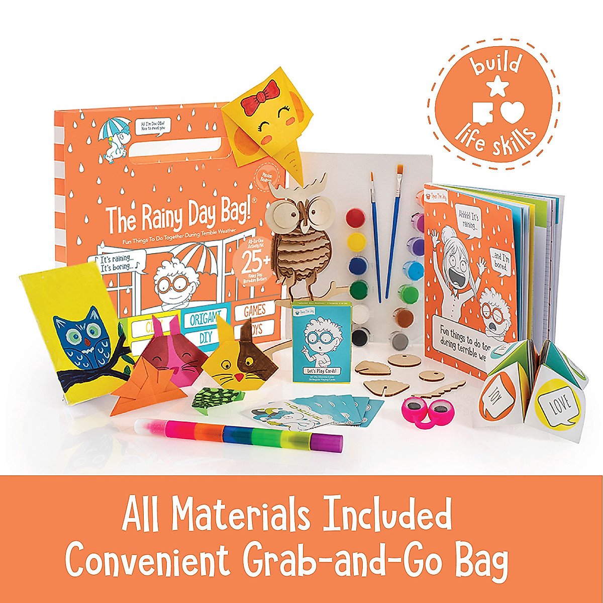 Open The Joy Rainy Day Activities for Kids, Activity Bag Includes Wooden DIY Project, Card Games, Activity Booklet, Craft kit for Kids Ages 4+