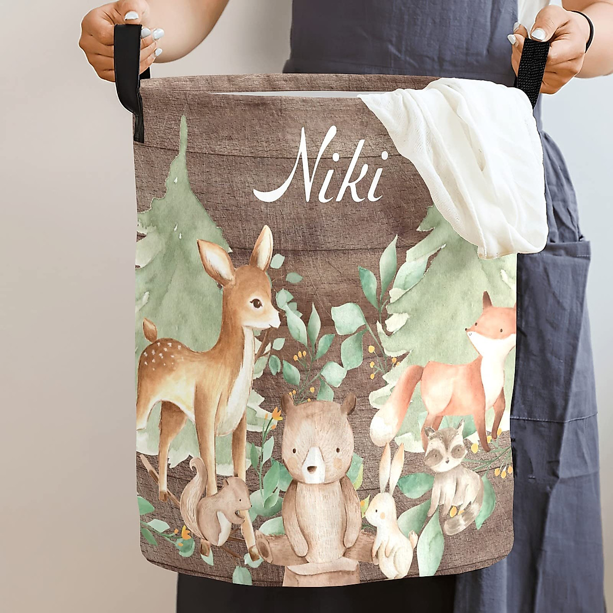 Woodland Forest Animals Round Storage Basket Personalized Name Laundry Basket Waterproof Nursery Hamper with Handle for Living Room Bedroom and Clothes