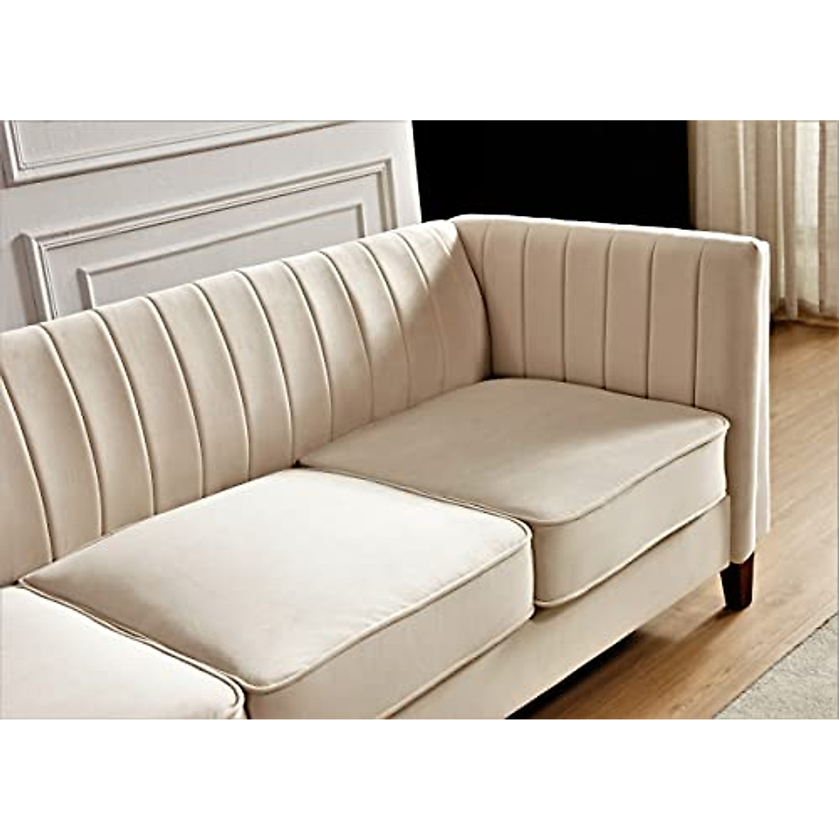 Container Furniture Direct Modern Luxury Velvet Couch for Living Room with High Density Foam, Soft Fabric Upholstery, Removable Cushions and Solid Wood Legs, 83'' Wide 3 Seater Sofa, Beige