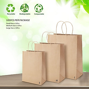 Kslong 105 Pack Brown Kraft Gift Bags with Handles, Natural Plain Kraft Paper Shopping Bags Bulk for Retail Business, Grocery, Merchandise, Craft, Birthday, Wedding, Party Favors in 3 Sizes