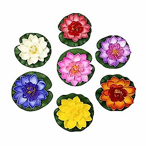 XIZHI 7 Pcs Artificial Floating Foam Lotus Flower with Water Lily Pad, Floating Artificial Lotus Flowers Decor Floating Pond Decor Home Decoration