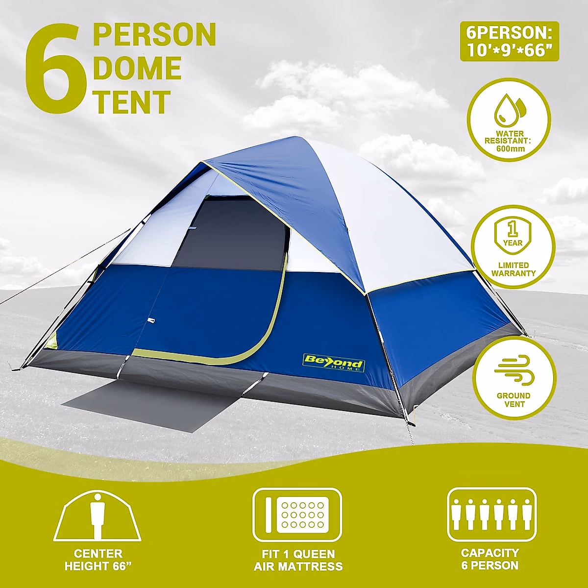 BEYONDHOME Dome Camping Tent, 6 Person Tent with Rainfly, Portable Waterproof & Windproof Tent 10'x9'x66'' Easy Setup with Carry Bag for Family Camping & Outdoor Hiking, Upgraded Ventilation