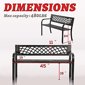 HCY Garden Bench Outdoor Metal Bench Patio Garden Bench Sturdy Steel Frame Furniture for Outdoor,Yard, Park, Porch, Entryway, Lawn,(Black), 45''x18''x30''