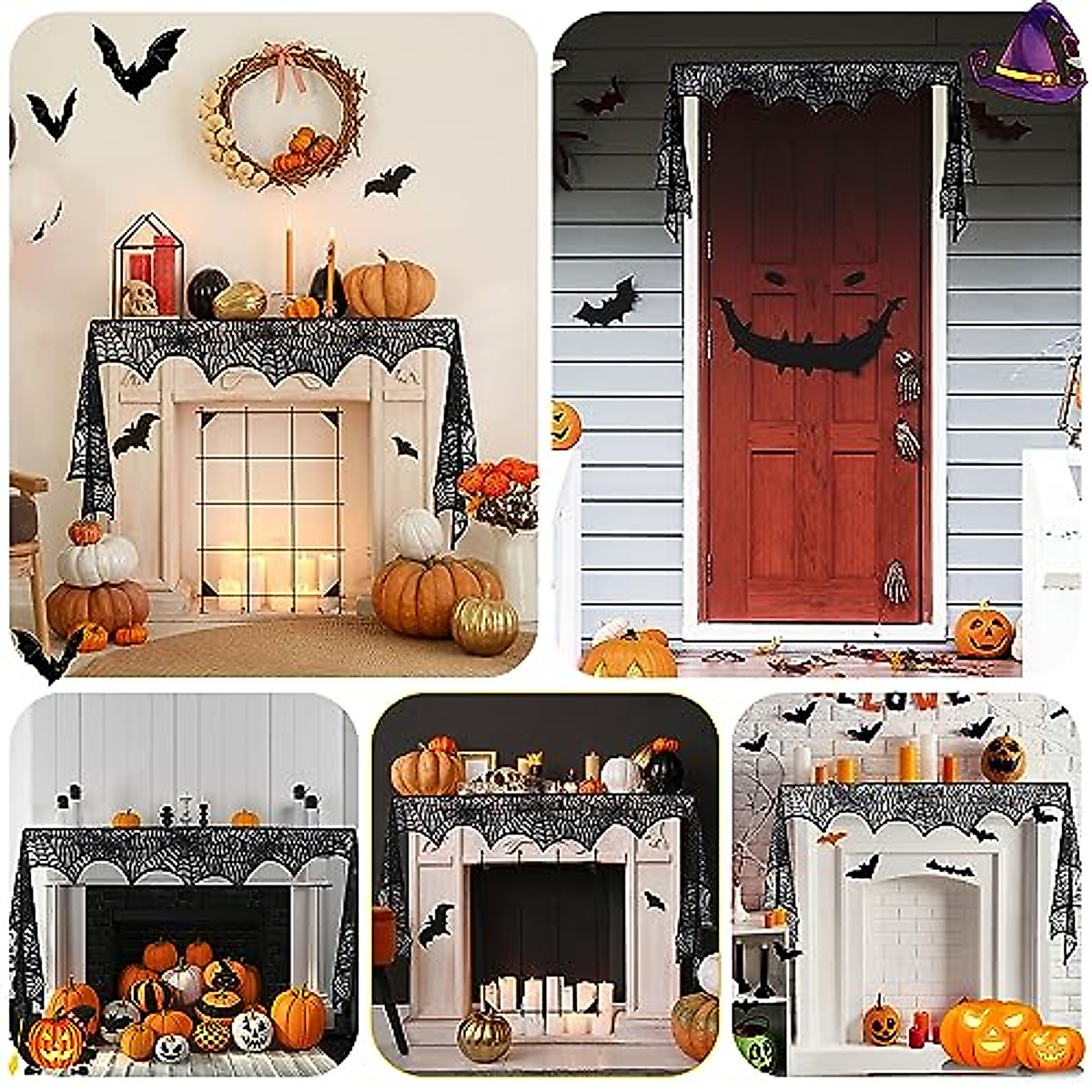 Amaxiu Halloween Fireplace Mantle Scarf, Spiderweb Mantel Decor Black Lace Fireplace Mantle Cover 18 x 96 in Festive Halloween Party Decorations Gothic Indoor Decor