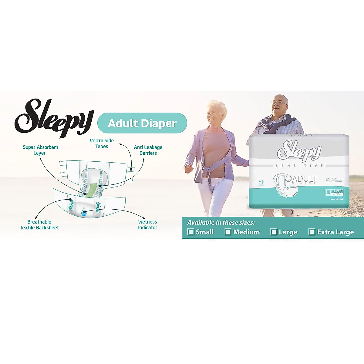 Sleepy Adult Diapers, Unisex for Sensitive Skin, Odour Control, Wetness Indicator, Comfortable &Adjustable, Maximum Absorbency & Leak Protection, X-Large- 120-160cm,Count-12PCs|SOHO