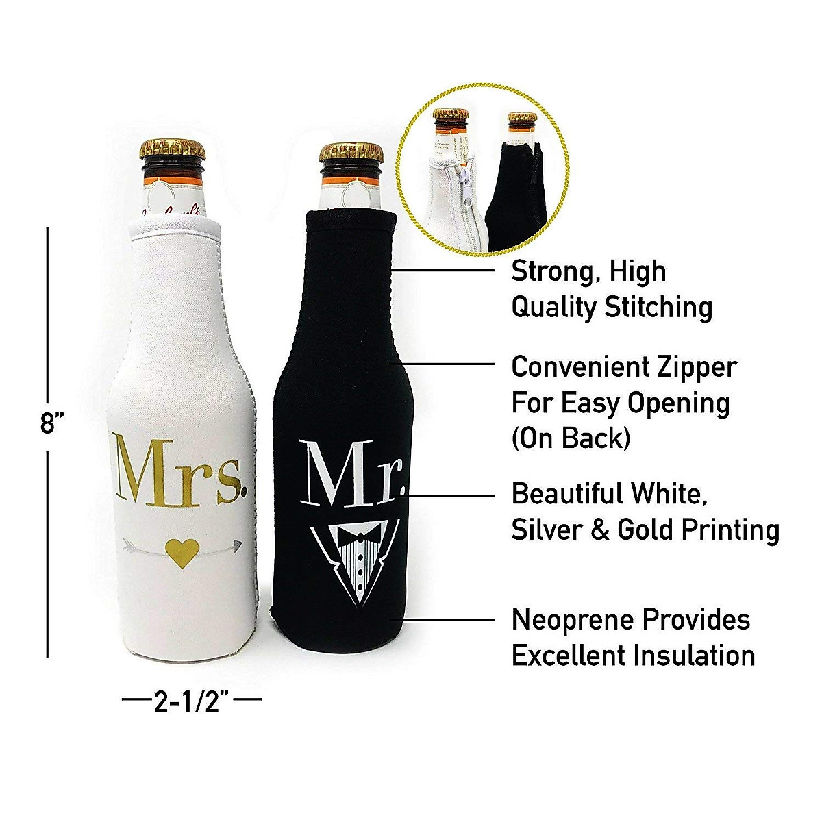 Mr. & Mrs. Beer Bottle Cooler Sleeves Black & White Gift Set 2 Pack - Perfect for Wedding, Bridal Shower, Engagement Party & So Much More.