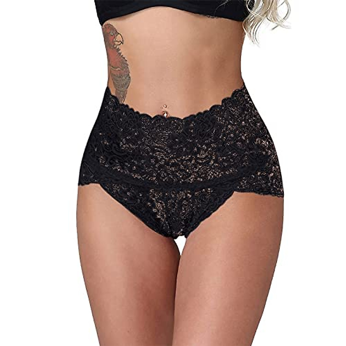 Kinple Women's High-Waist Undies Briefs Sexy Floral Lace Panty See Through Erotic Brief Teen Girls Cheeky Hipster Panties Black