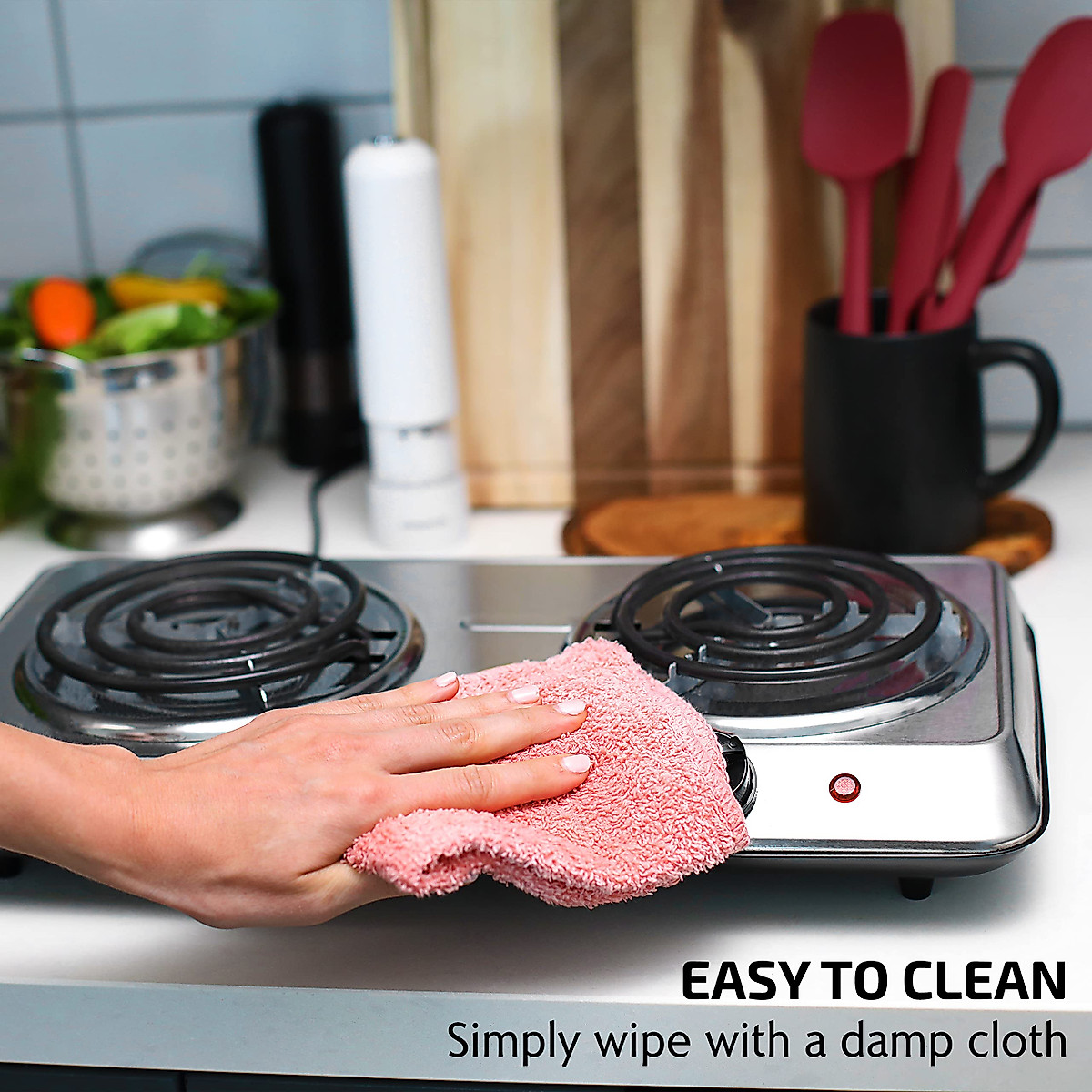 OVENTE Electric Countertop Double Burner, 1700W Cooktop with 6" and 5.75" Stainless Steel Coil Hot Plates, 5 Level Temperature Control, Indicator Lights and Easy to Clean Cooking Stove, Silver BGC102S